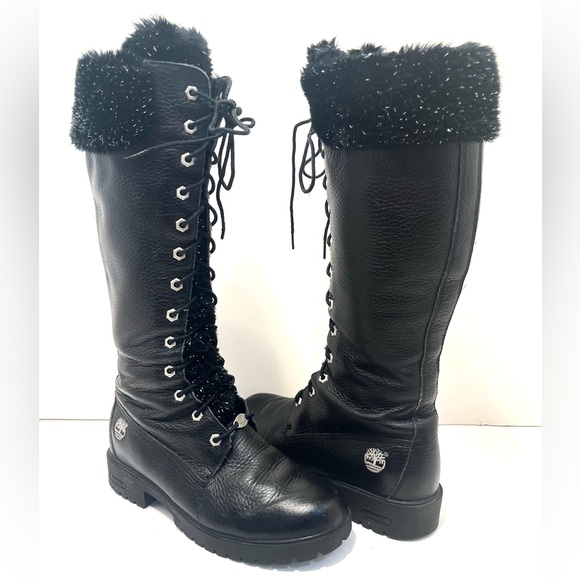 Timberland | Shoes | Timberland Black Leather Tall Lace Up Boots ...